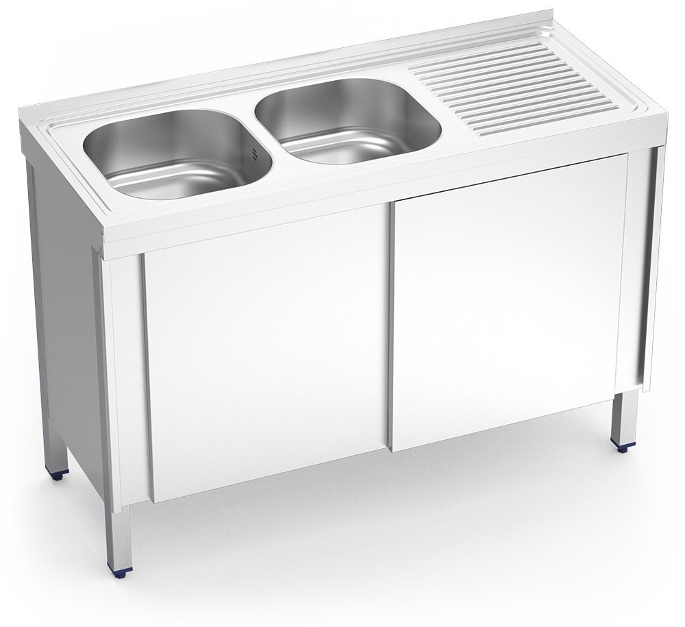 Stainless steel sink with sliding doors, 2 tanks and right drain board ...