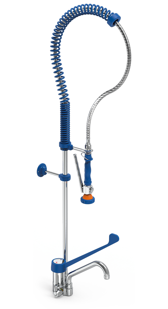 Double inlet table pre-rinse spray tap with spout elbow operation ...